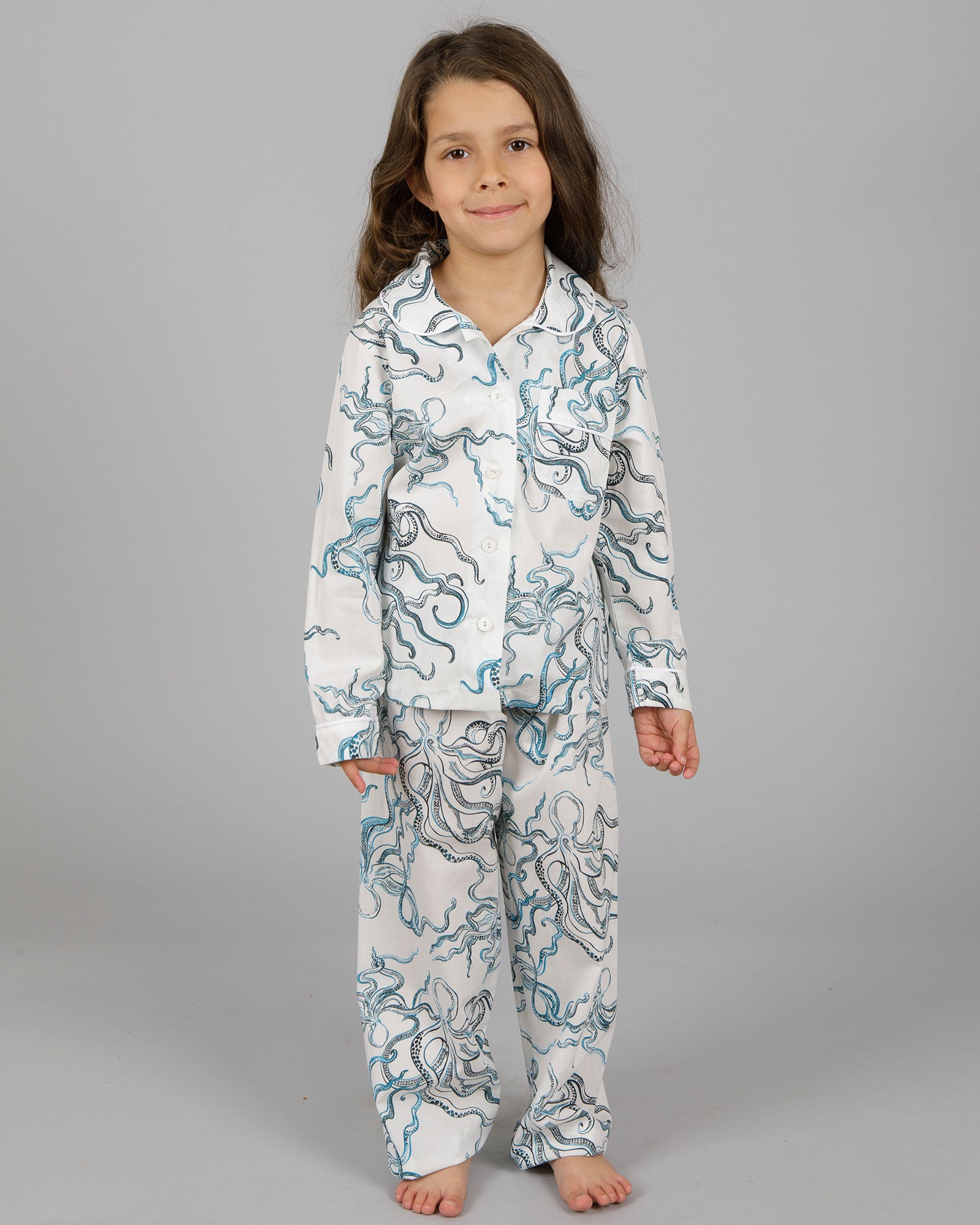 Girls Long Pyjamas - Indigo Mini Octopus on White – Woodstock Laundry SA
