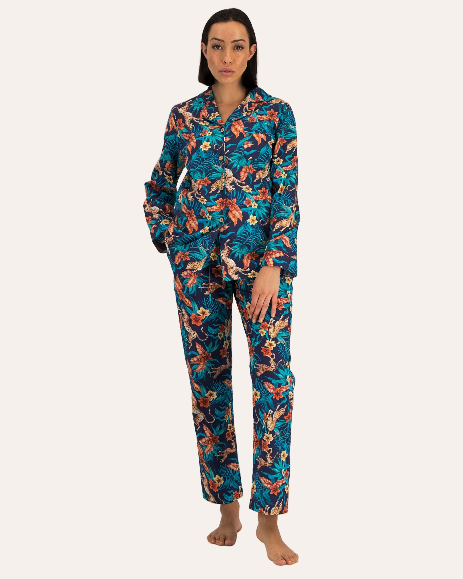 Womens Long Pyjamas - Jungle Cheetah on Navy – Woodstock Laundry SA