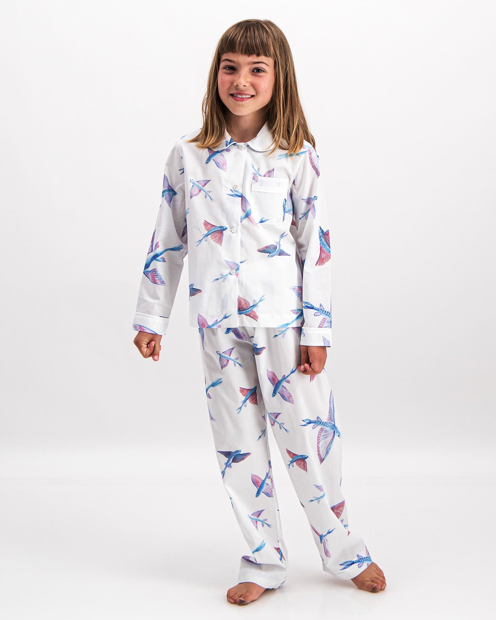 Girls Long Pyjamas - Flying Fish on White – Woodstock Laundry SA